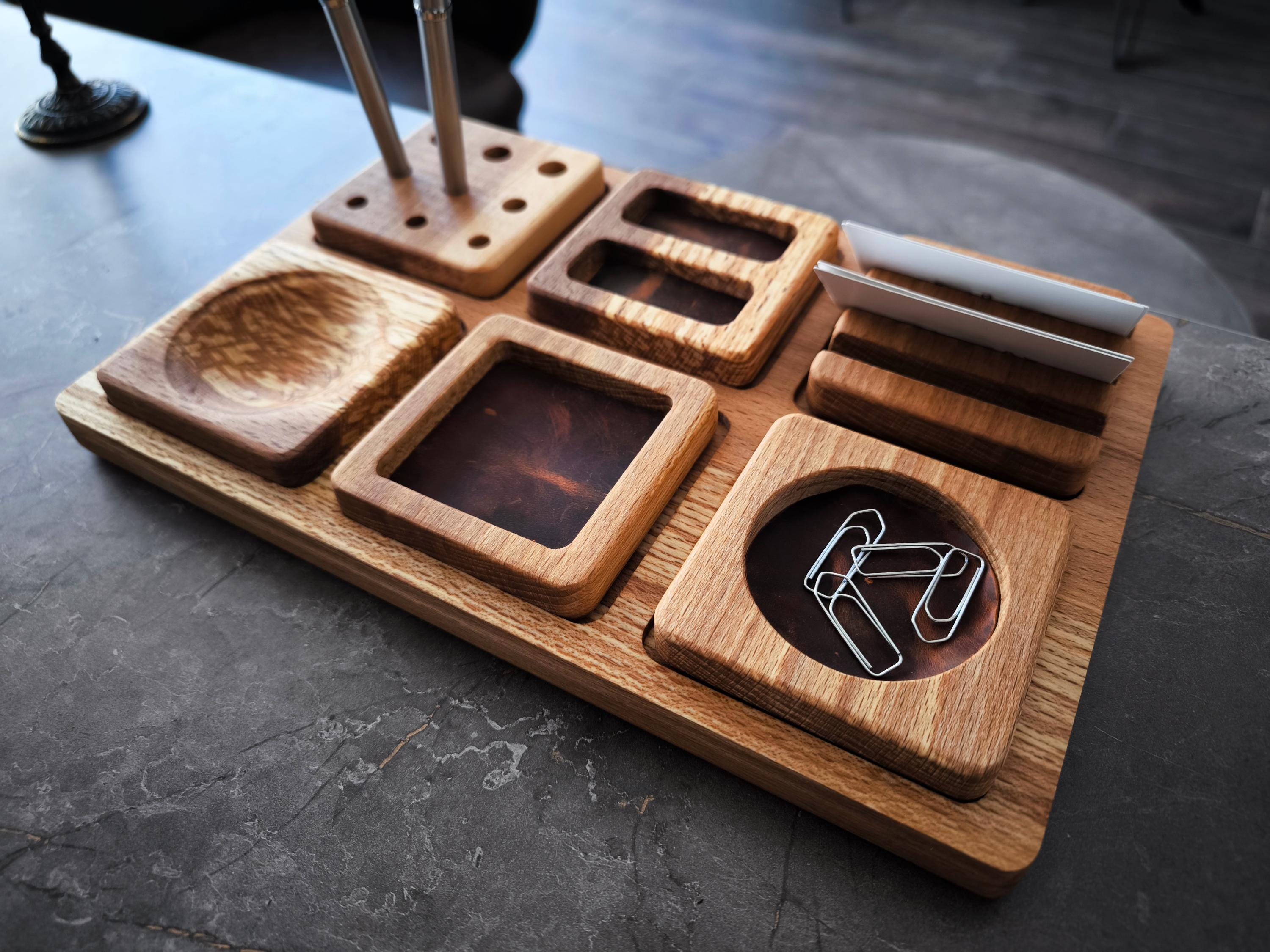 Modular Wooden Desk Organizer With Leather Tray – Functional Desk ...