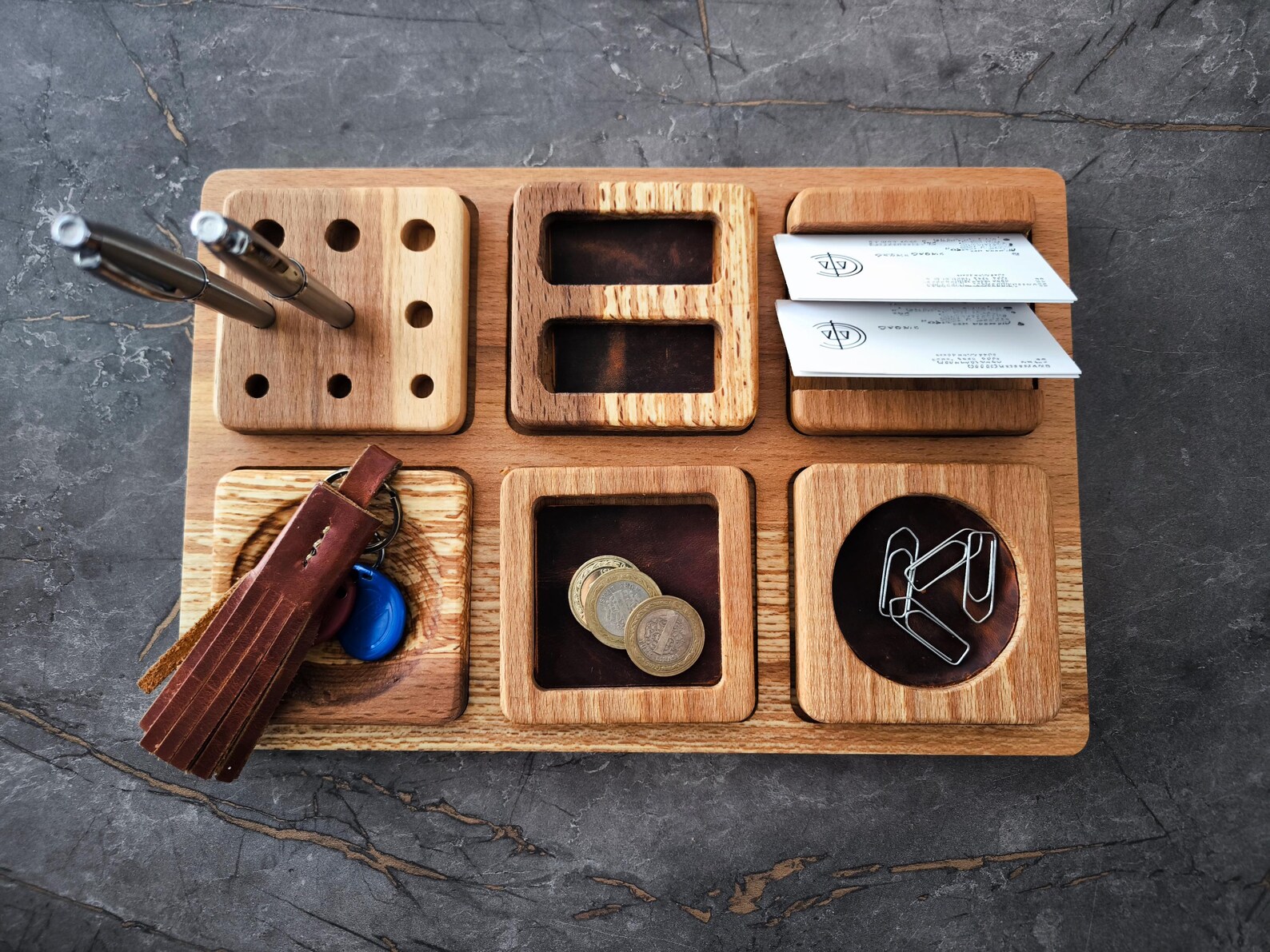 Modular Wooden Desk Organizer With Leather Tray Office Storage Solution ...