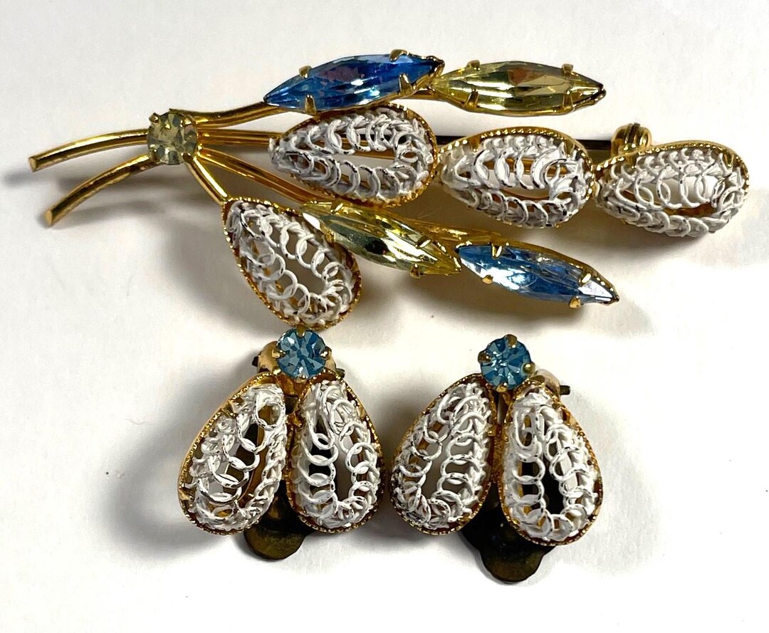 Vintage Made in Austria Brooch and Earrings With Blue & Yellow ...