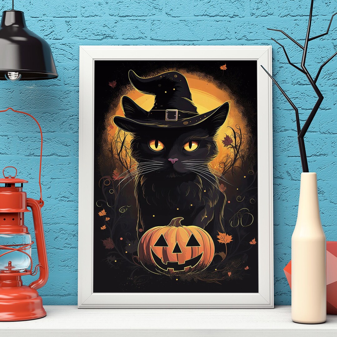 Printable Halloween Cat Wall Art, Spooky Cat Digital Art, Cat Lover ...