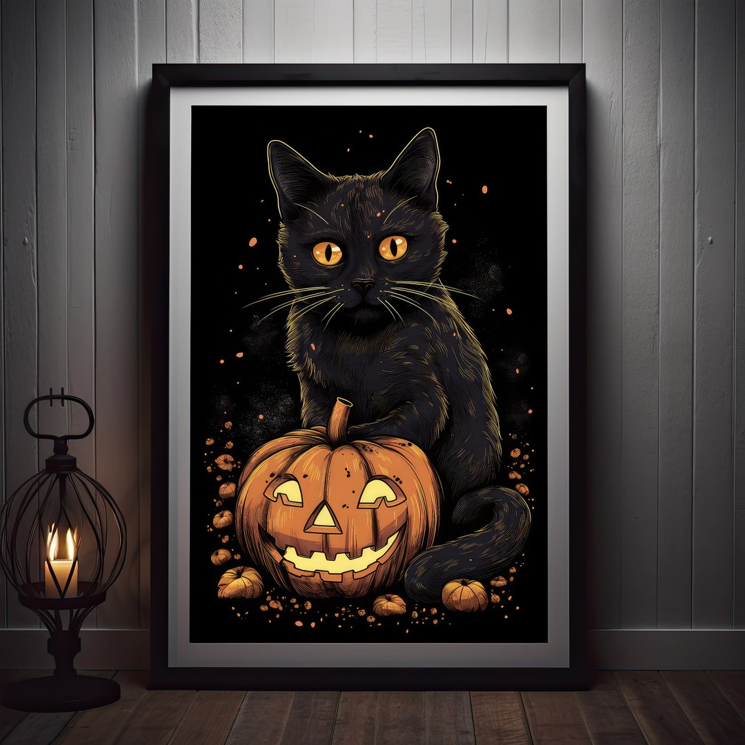 Printable Halloween Cat Wall Art, Spooky Cat Digital Art, Cat Lover ...