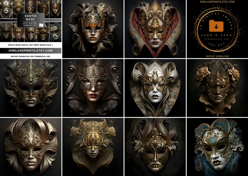 Exotic Mask Digital Art Print Image Pack 1, Venetian Mask, Victorian ...