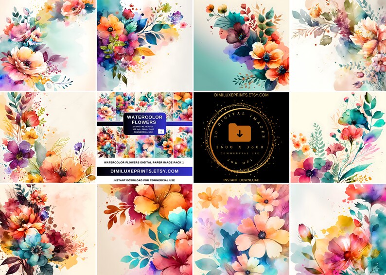 Watercolor Flowers Digital Paper Image Pack 1, Designer Graphic Digital ...