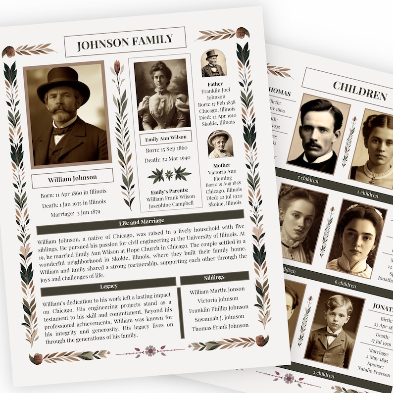 Vintage Ancestor Biography Canva Template Set | Family History Keepsake ...