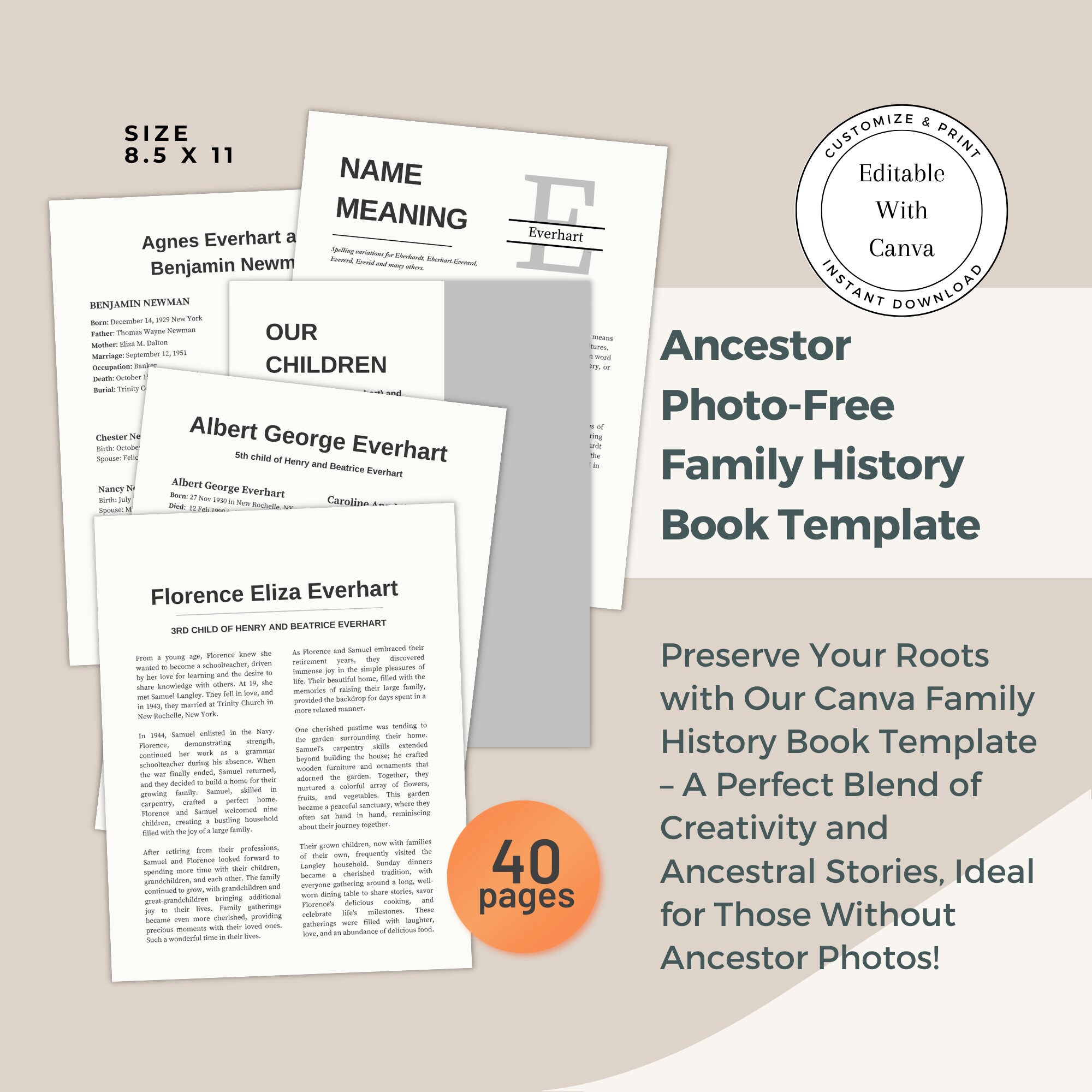 Ancestor Photo-free Family History Book Template / Canva Editable Book ...