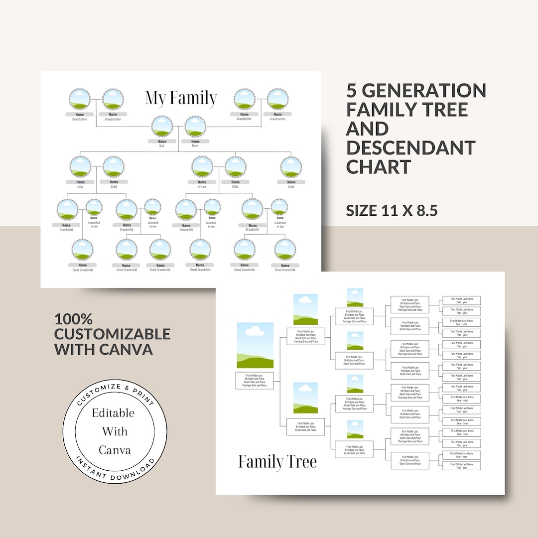5-generation Family Tree Template: Customizable Genealogy Chart ...