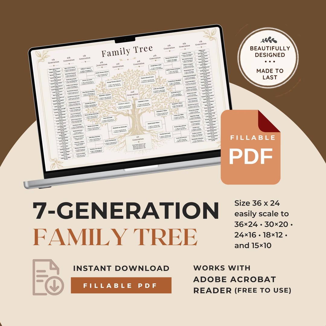 7 Generation Family Tree Fillable PDF | Editable Template | Printable ...