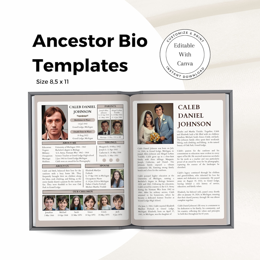 Ancestor Biography Canva Template Set | Family History Keepsake ...