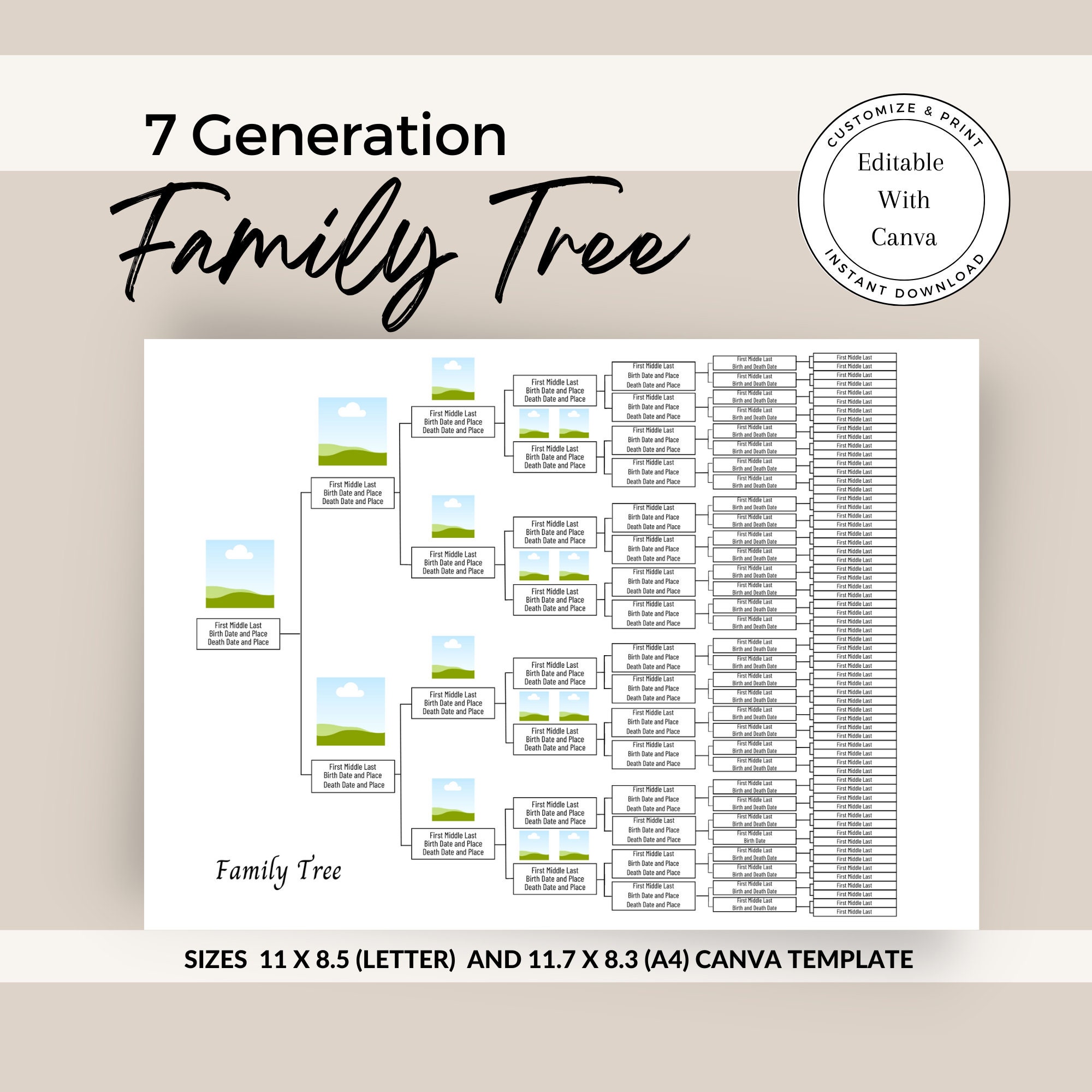 Customizable 7-generation Family Tree / Family History / Editable Canva ...