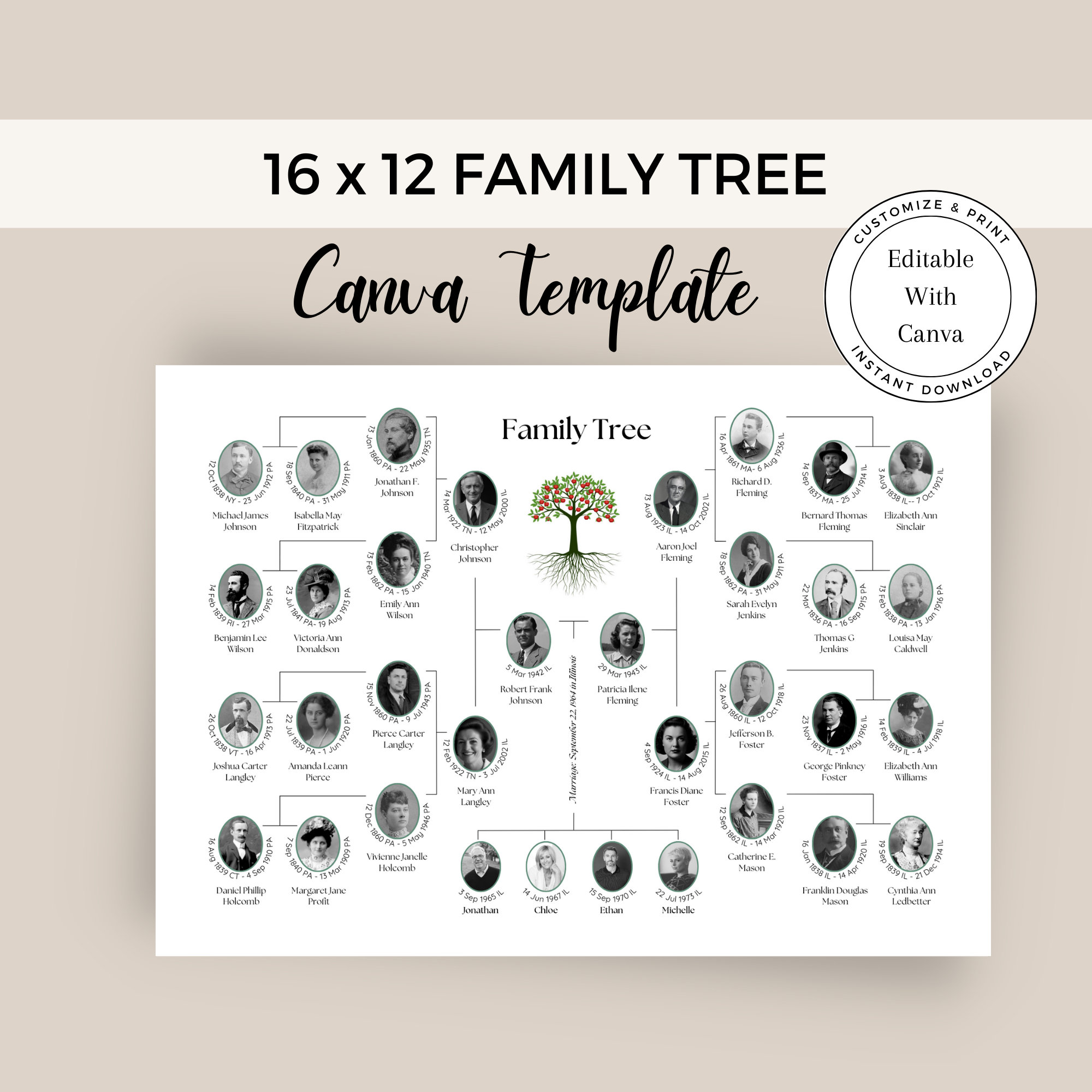 Family Tree Canva Template 16 X 12 DIY Genealogy Wall Art Family ...