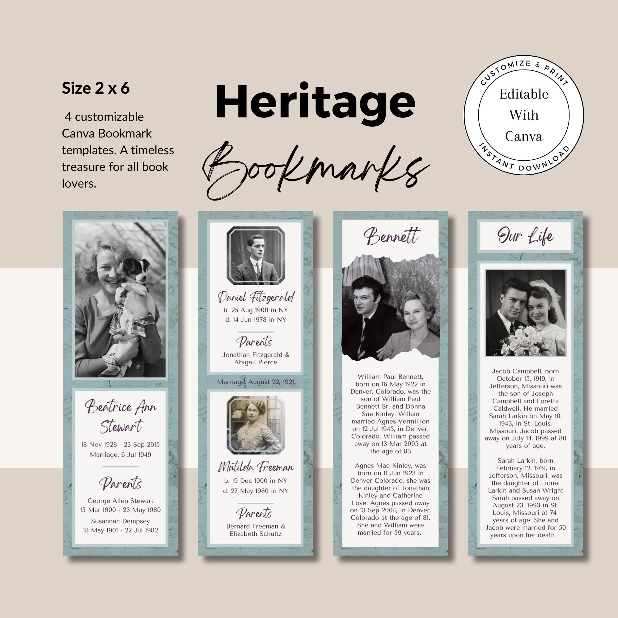 Heritage Bookmark Canva Customizable Template / Genealogy Gift /family ...