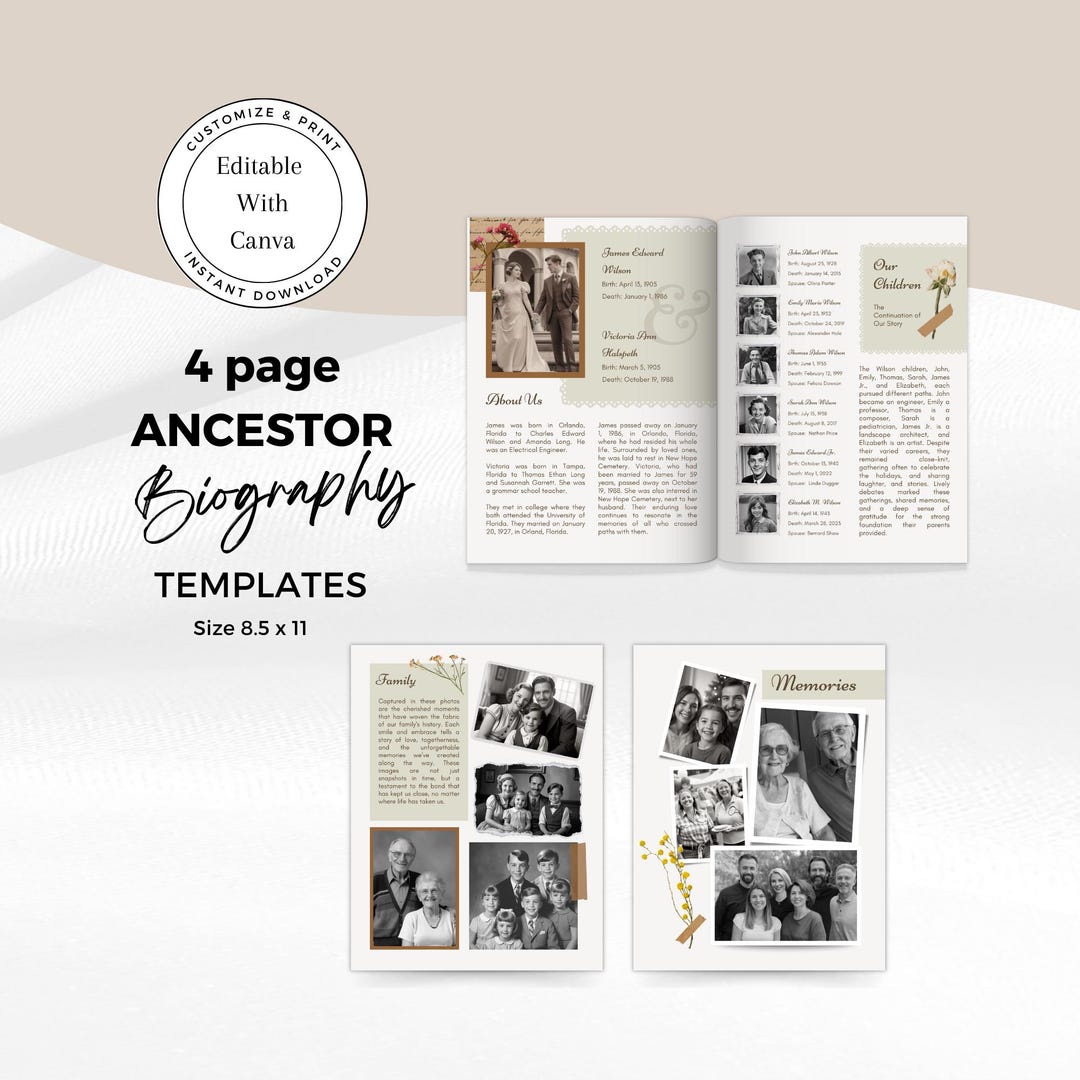 Scrapbook Ancestor Biography Template Set | Family History | Genealogy ...