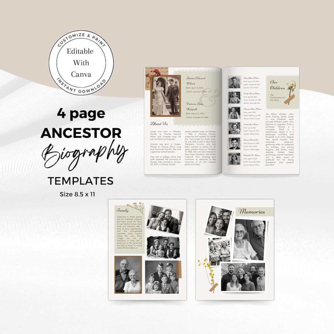 Scrapbook Ancestor Biography Template Set | Family History | Genealogy ...
