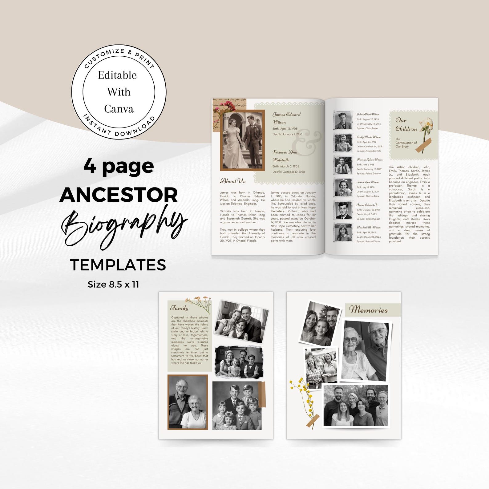 Scrapbook Ancestor Biography Template Set | Family History | Genealogy ...