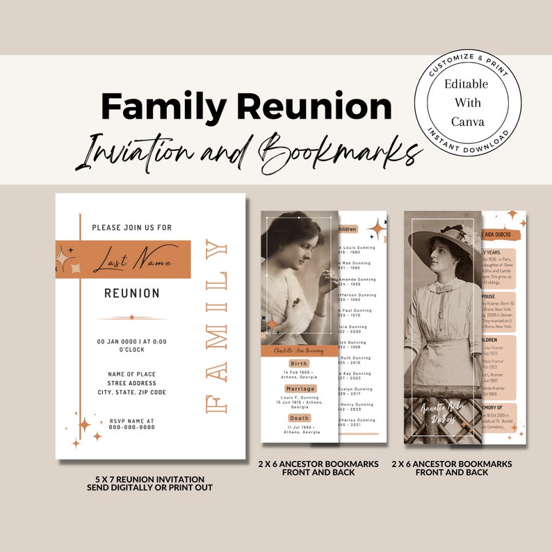 Family Reunion Keepsake Set: Invitation, Bookmark & Genealogy Template ...