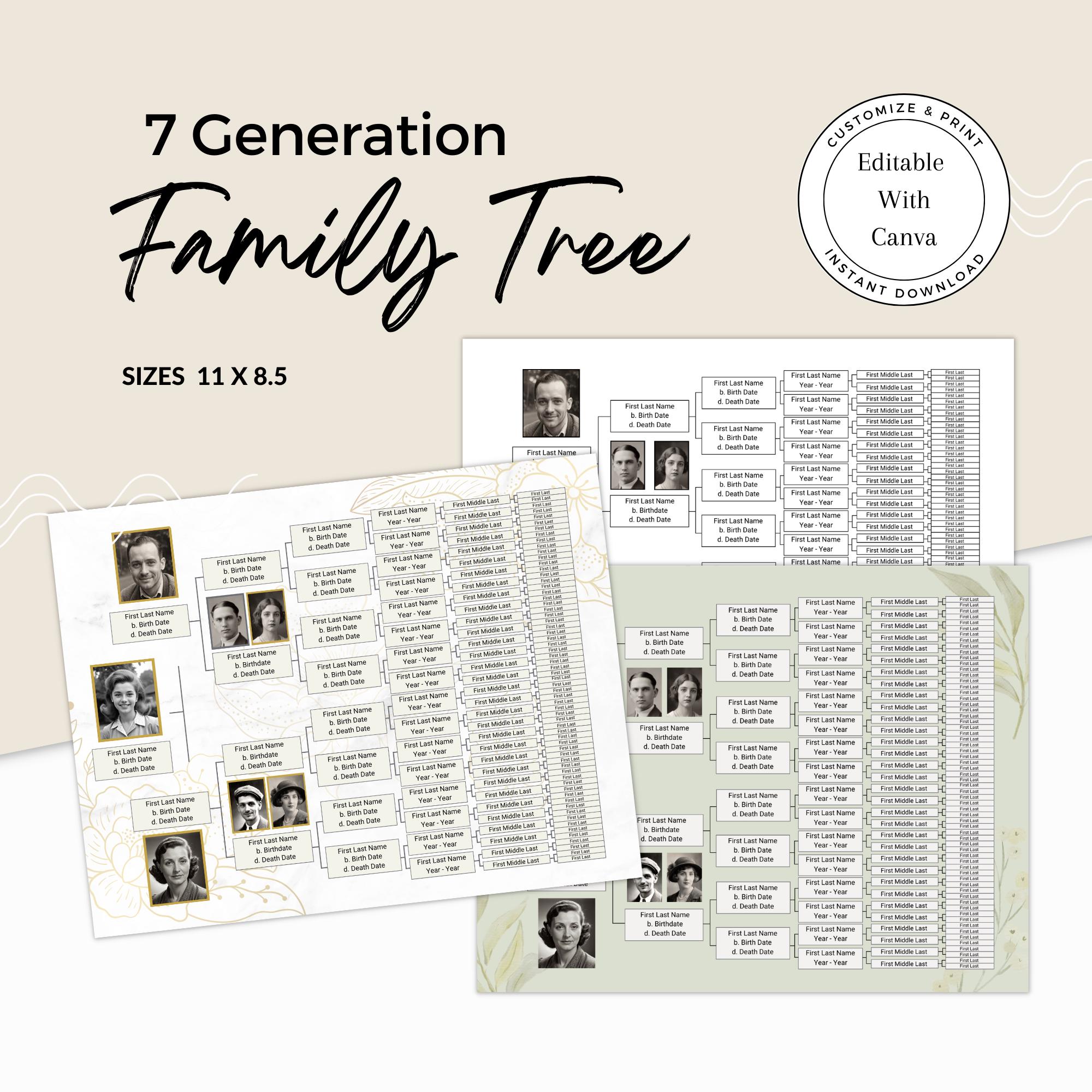 Customizable 7-generation Family Tree / Family History / Editable Canva ...