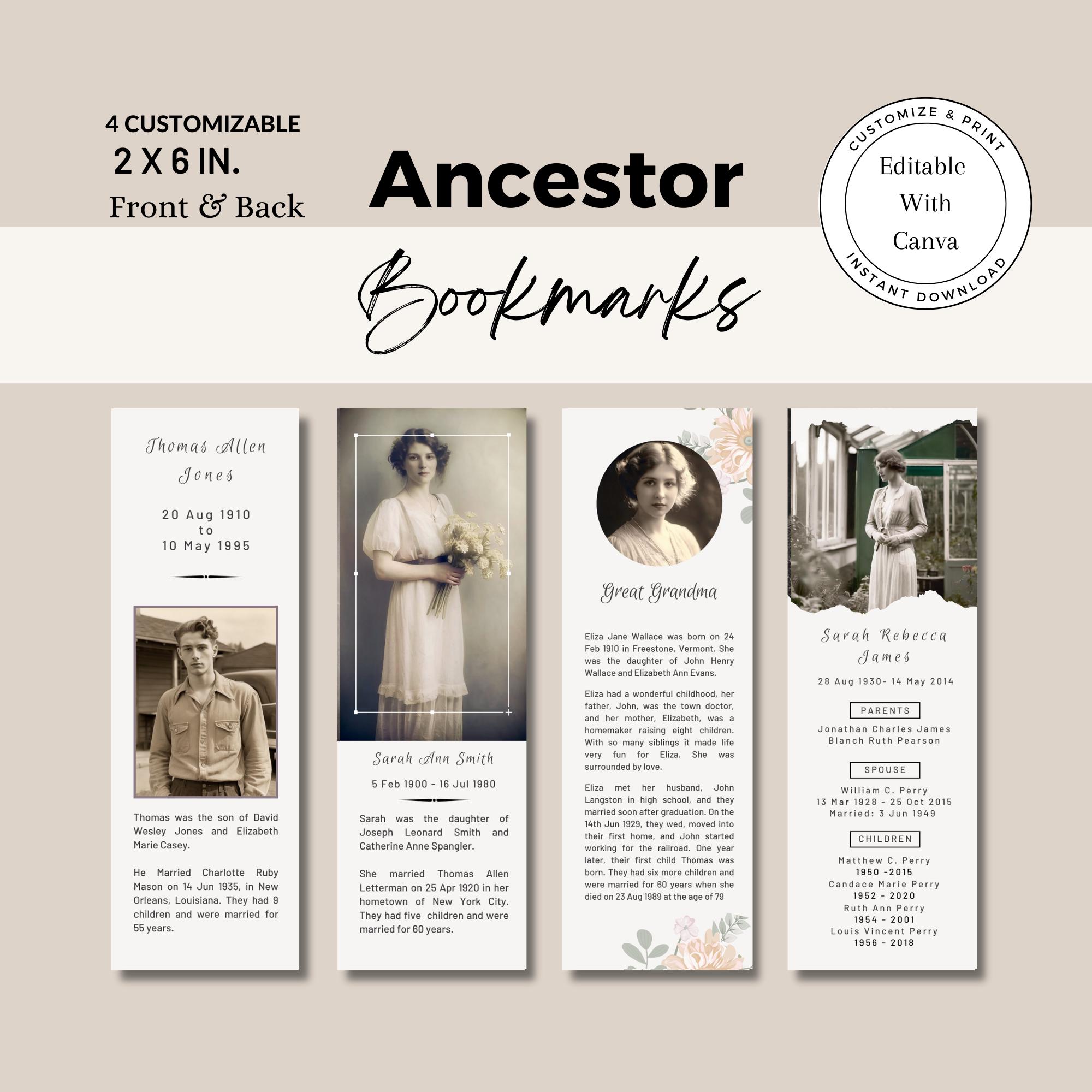 Ancestor Bookmark / Family History Book /family Reunion Keepsake ...