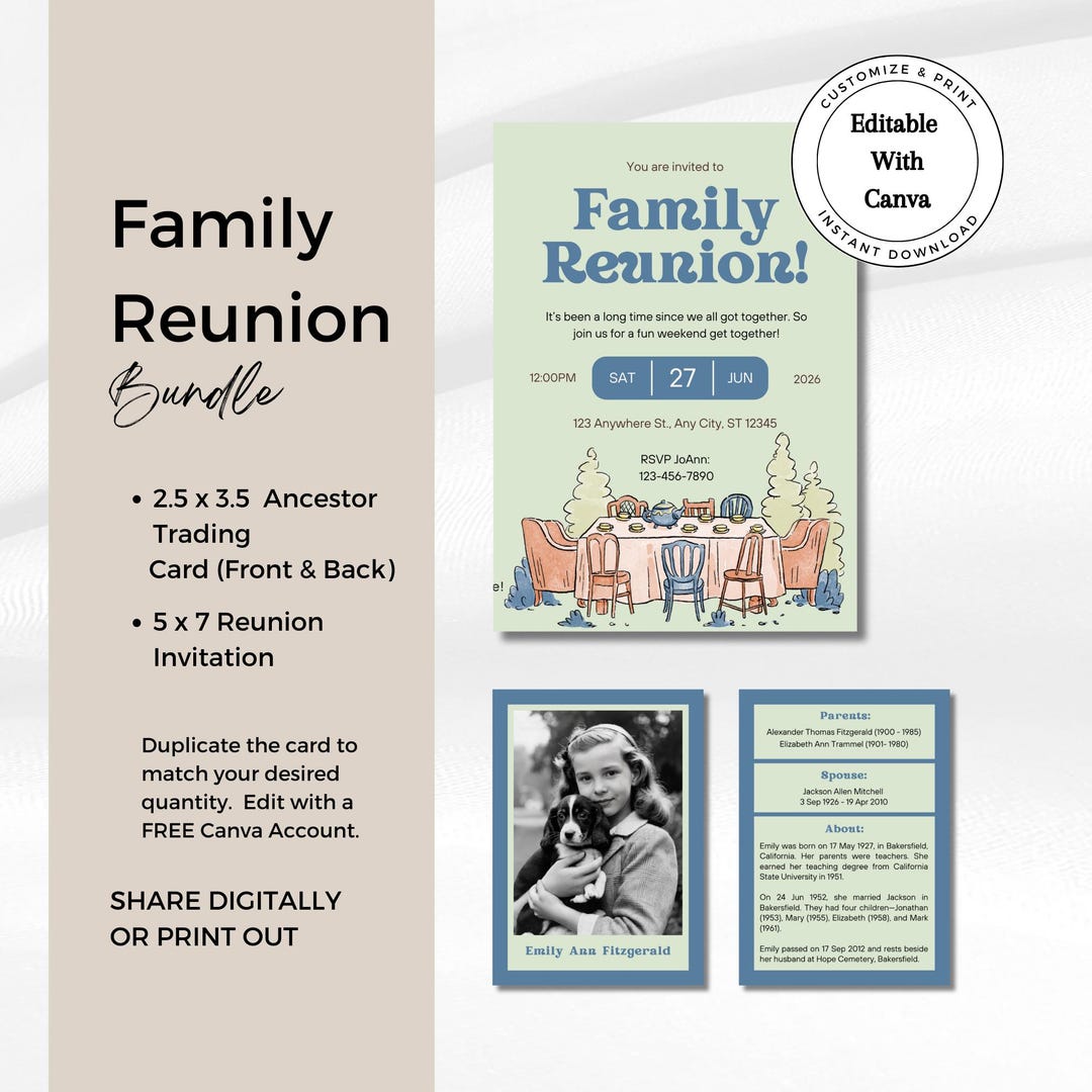 Family Reunion Invitation and Ancestor Trading Card Bundle / Family ...