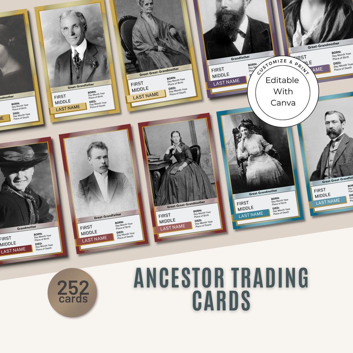 Ancestor Trading Card Templates / Printable Cards / Family Reunion ...