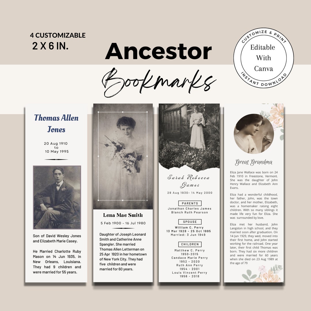 Ancestor Bookmark / Family History Book /family Reunion Keepsake ...