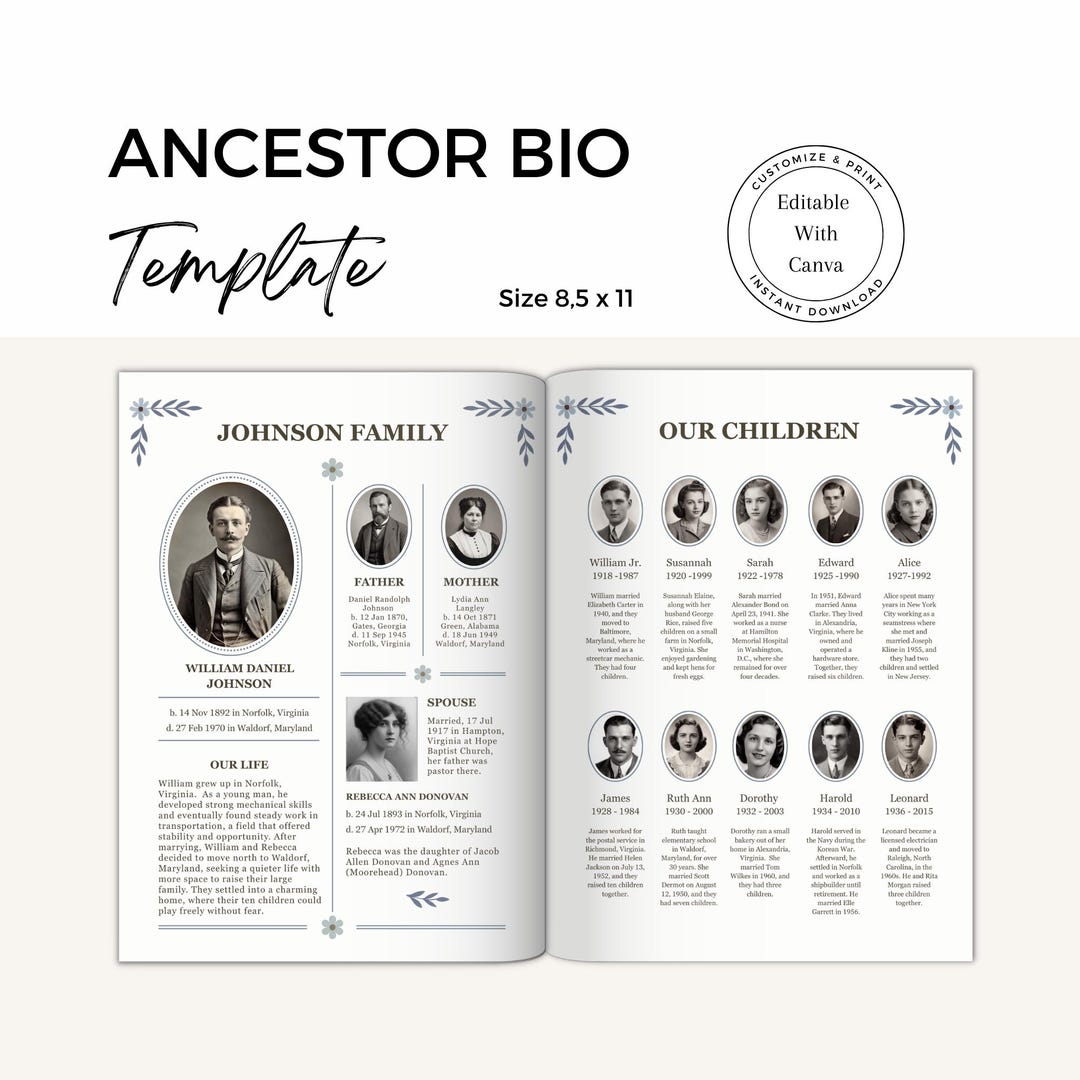 Ancestor Biography Template – 2 Page Canva Family Profile & Children ...