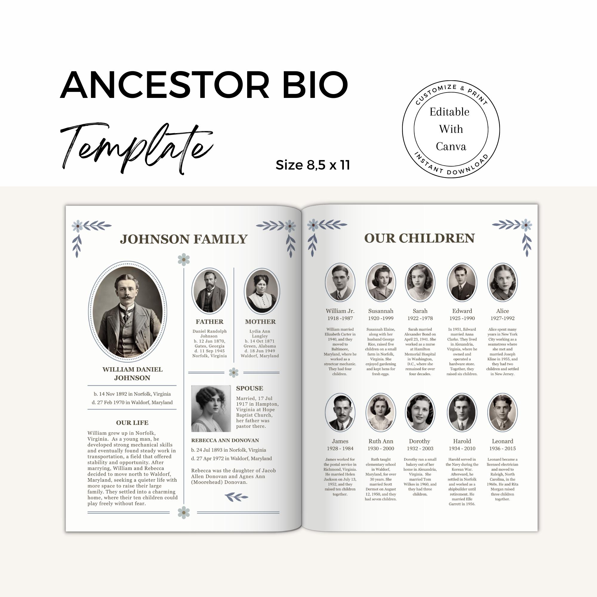 Ancestor Biography Template – 2 Page Canva Family Profile & Children ...