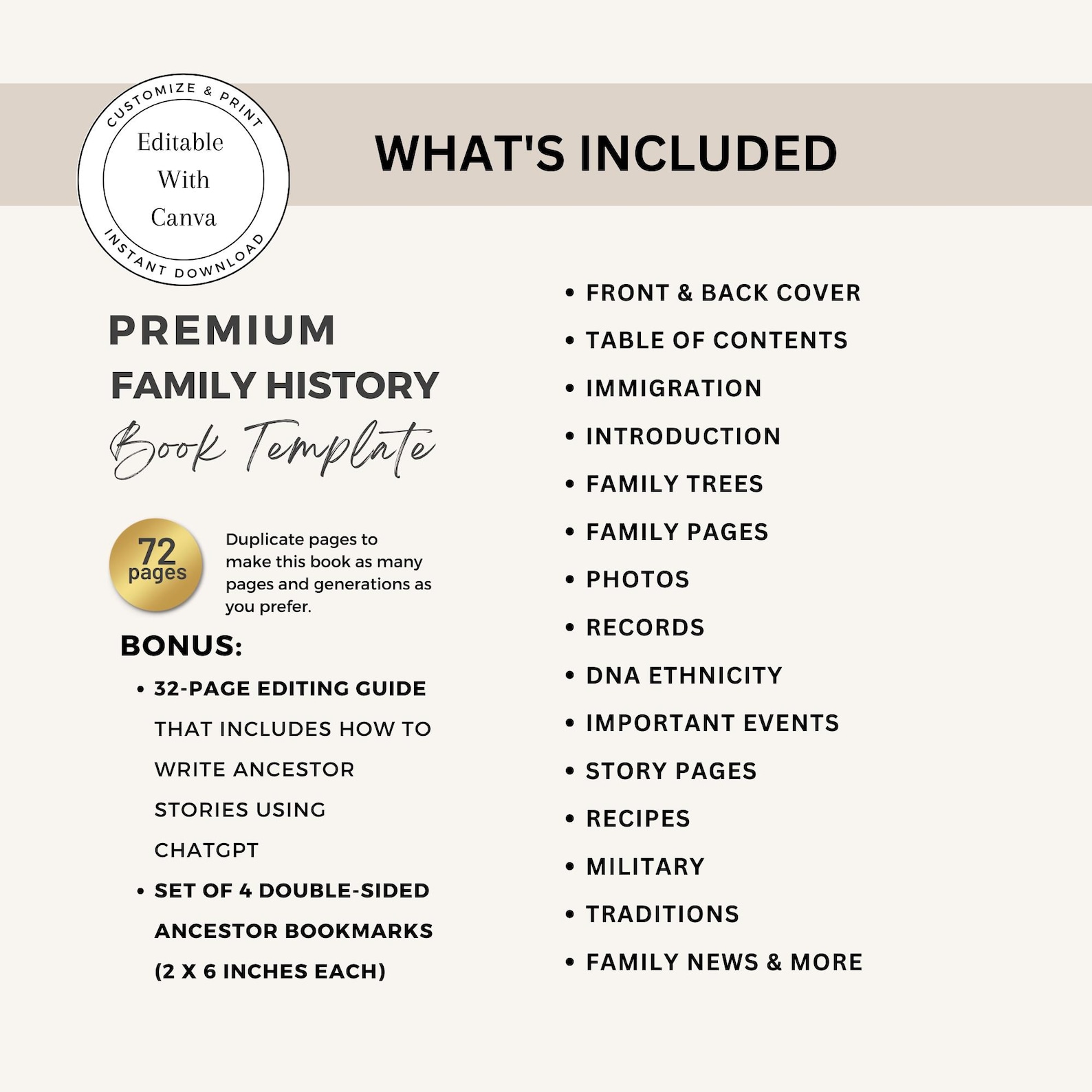 PREMIUM Family History Book / Canva Template / Bonus Ancestor Bookmarks ...