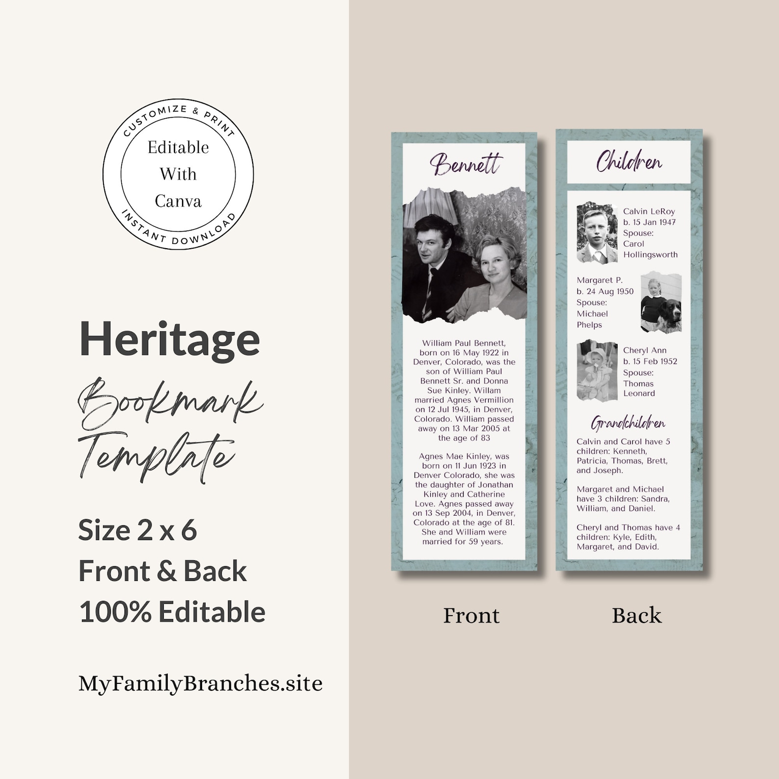 Heritage Bookmark Canva Customizable Template / Genealogy Gift /family ...