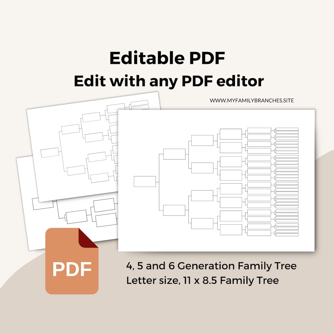 Fillable Family Tree Template: 4-6 Generation Pedigree Chart (PDF ...