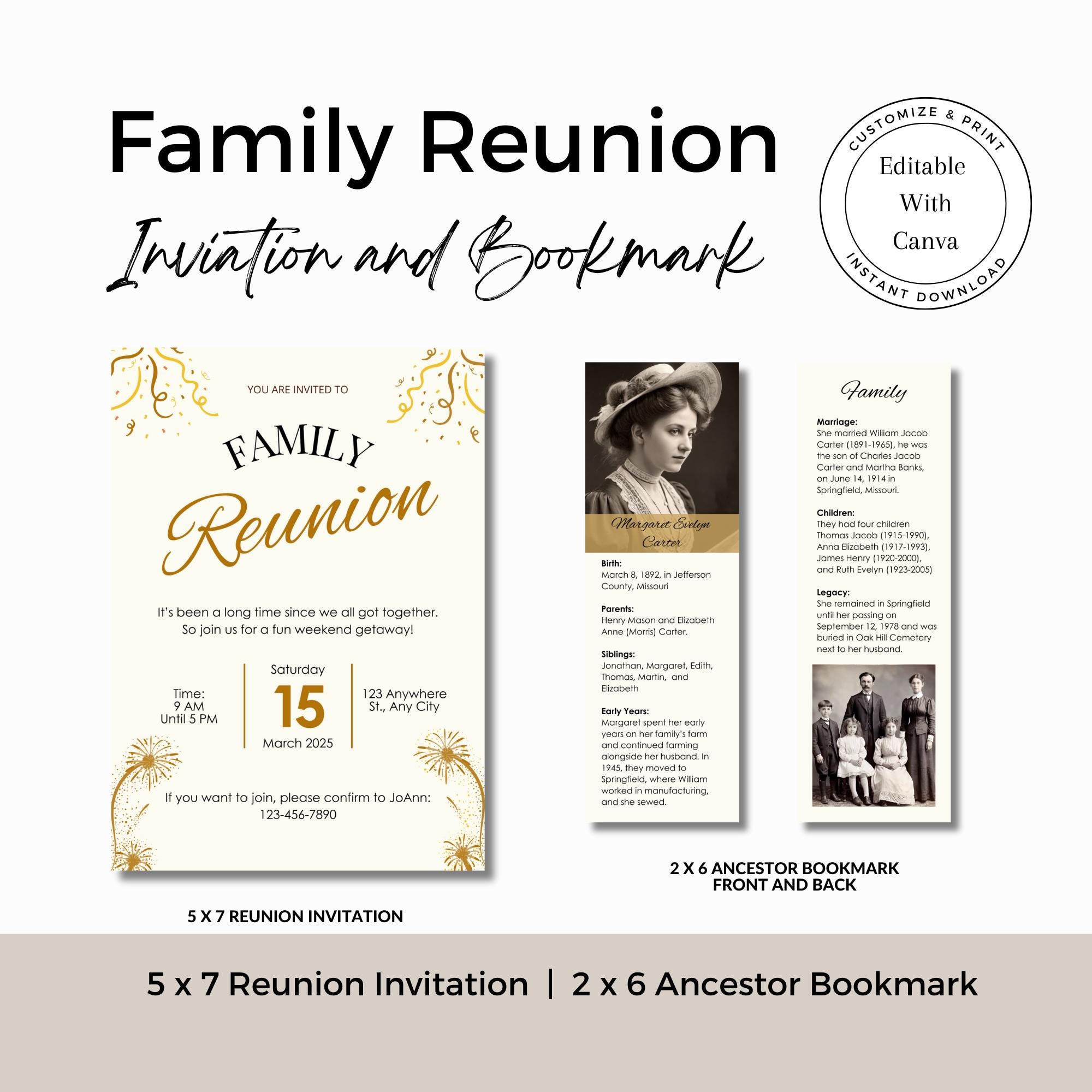 Family Reunion Keepsake Set: Invitation, Bookmark & Genealogy Template ...