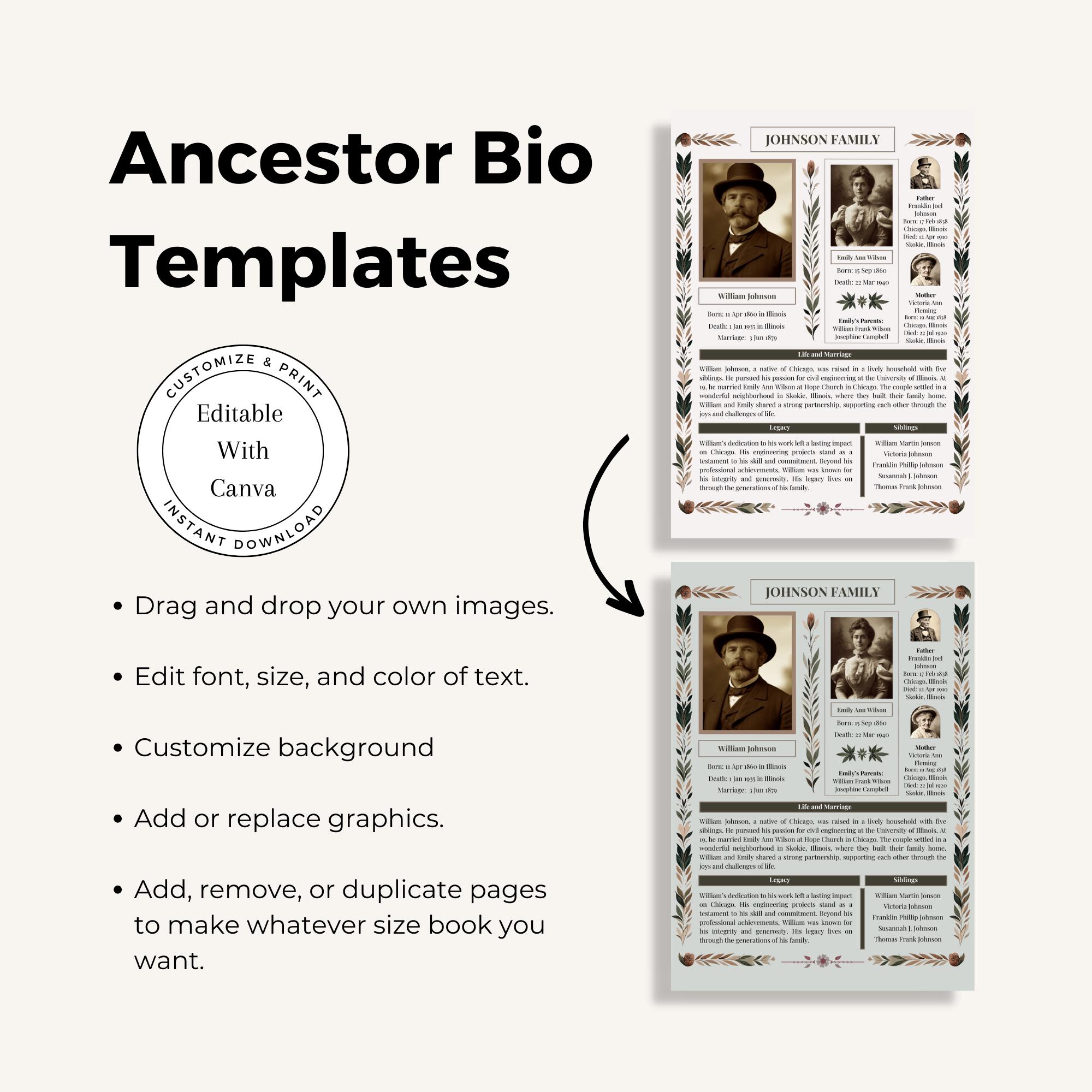 Vintage Ancestor Biography Canva Template Set | Family History Keepsake ...