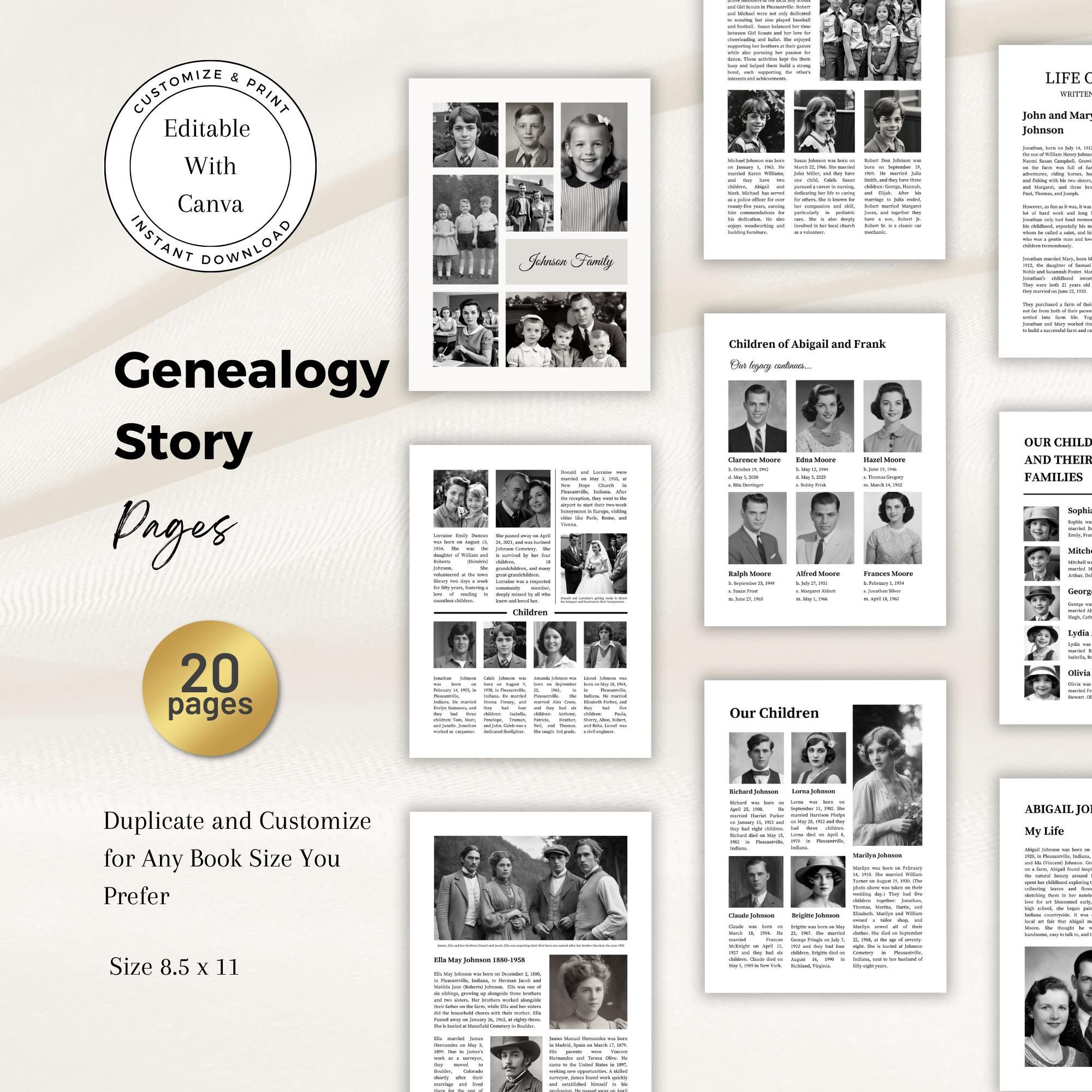 Genealogy Story Pages / Customizable Templates for Family History Books ...