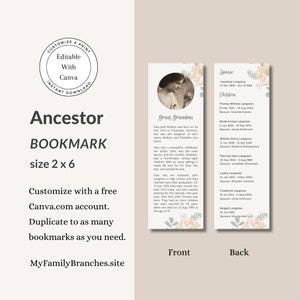 Ancestor Bookmark / Family History Book /family Reunion Keepsake ...
