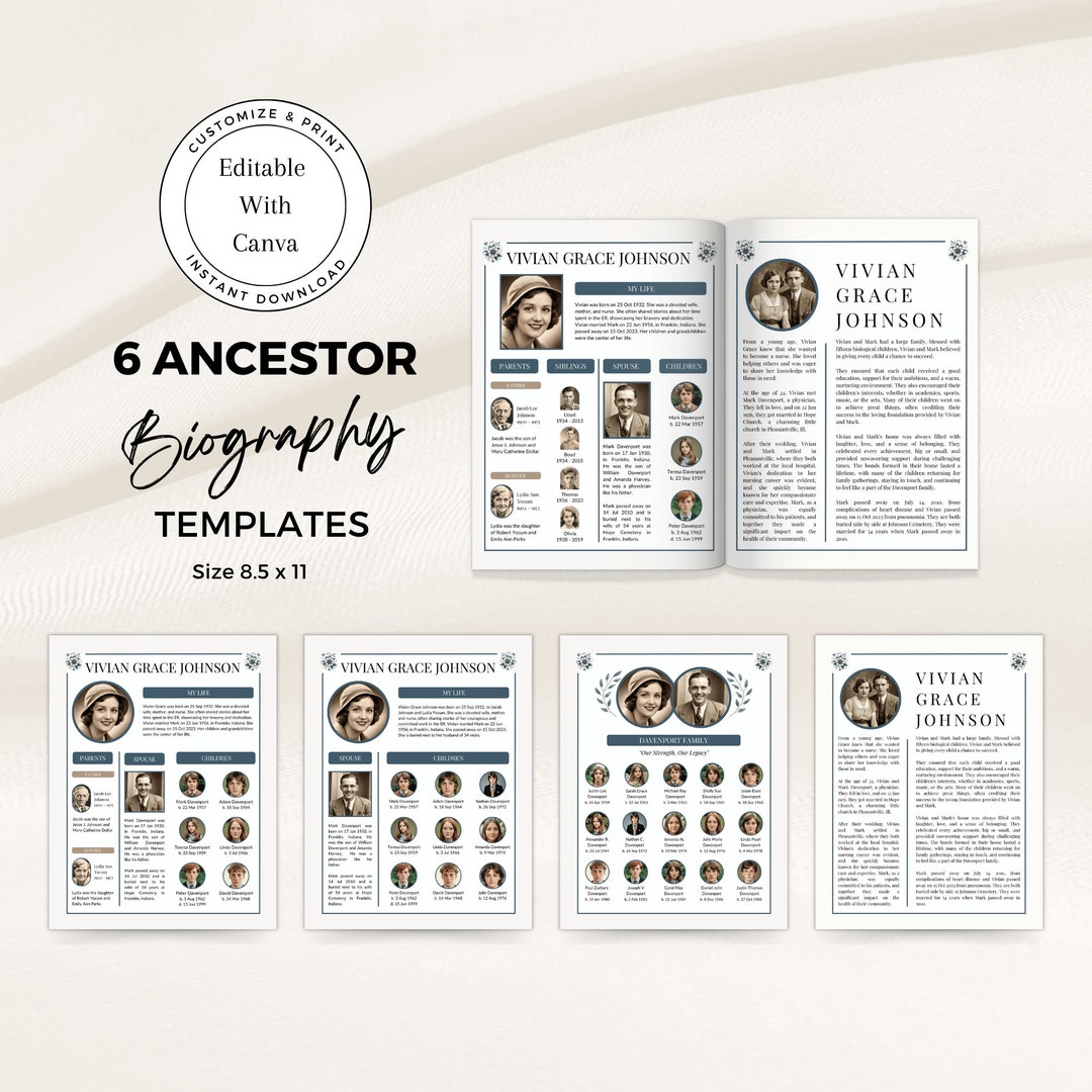 6-page Ancestor Biography Template Set | Family History | Genealogy ...