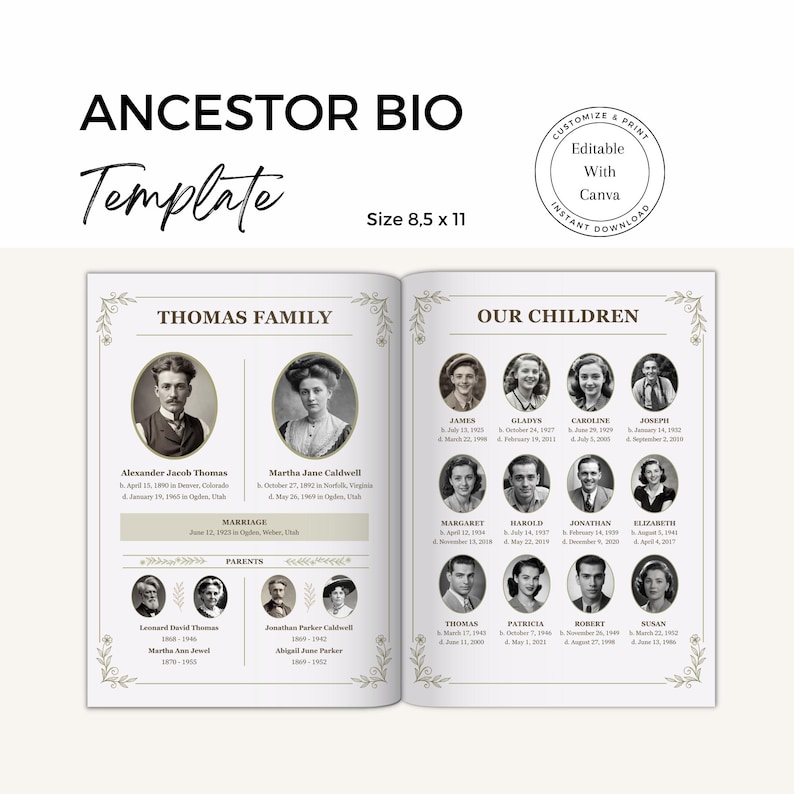 2-page Ancestor Biography Template | Editable Canva Family History ...