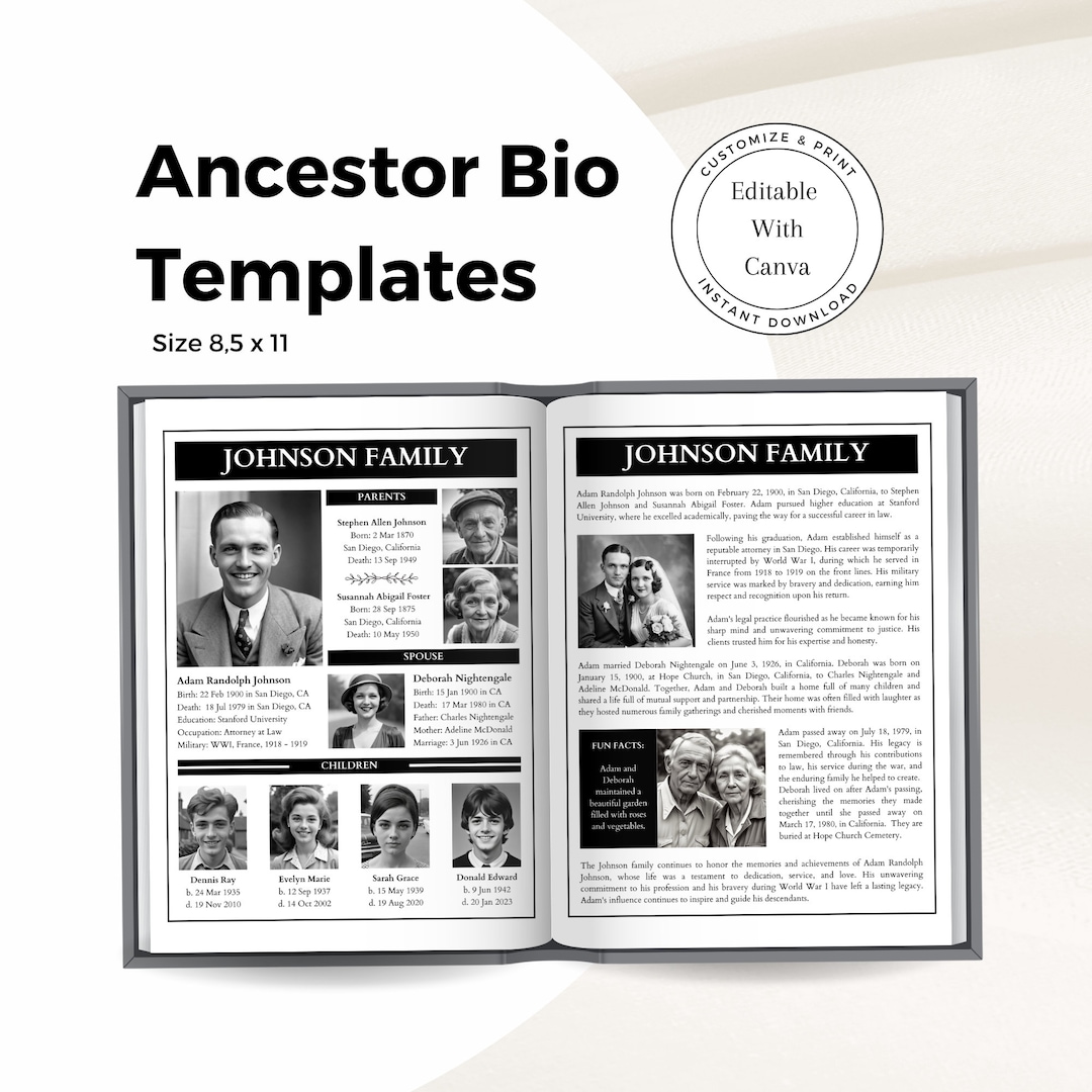 Modern Ancestor Biography Canva Template Set | Family History Keepsake ...
