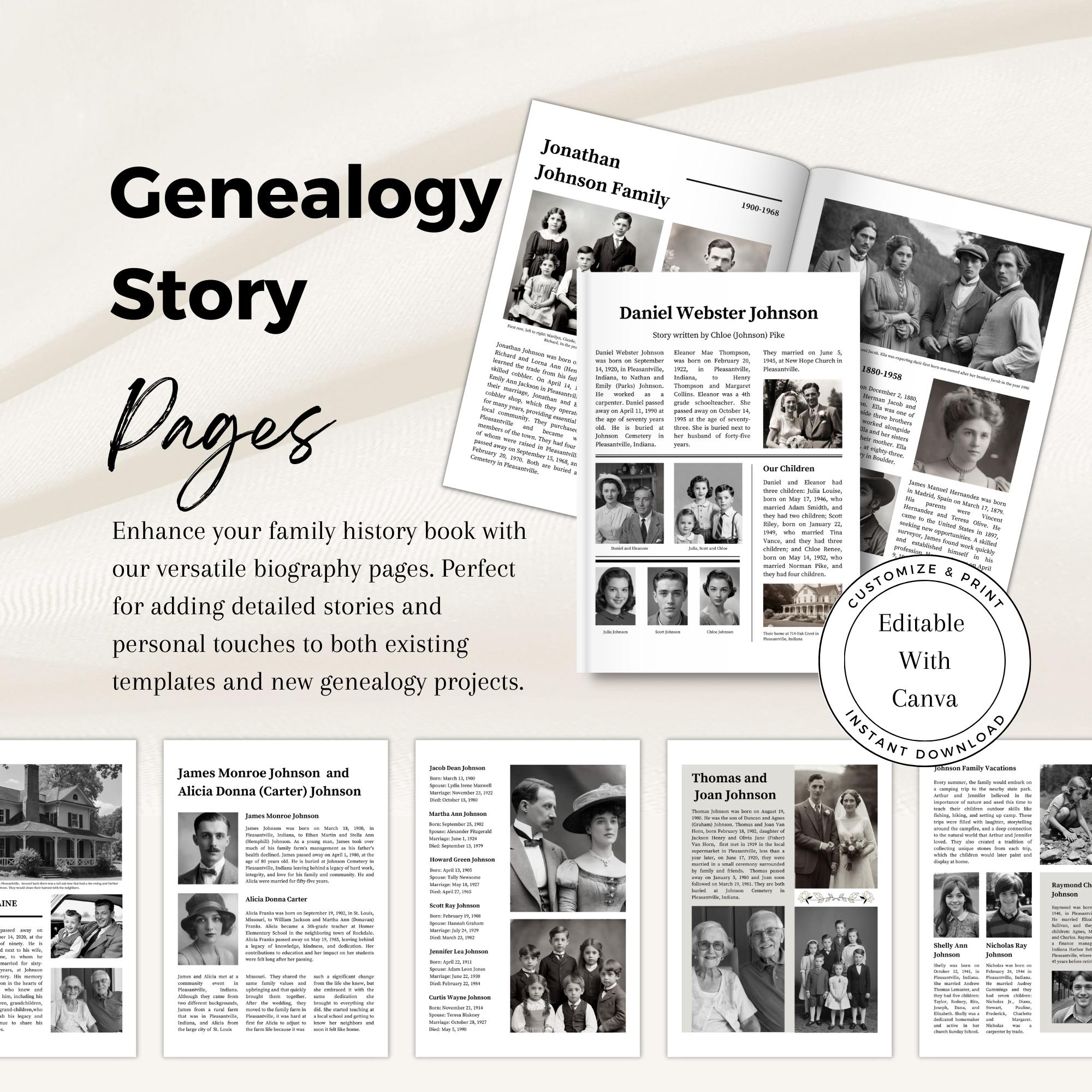 Genealogy Story Pages / Customizable Templates for Family History Books ...