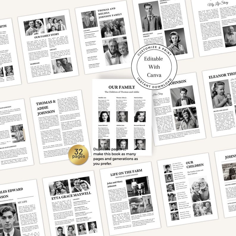 Family Legacy Biography Book Template | 32-page Simple Design ...