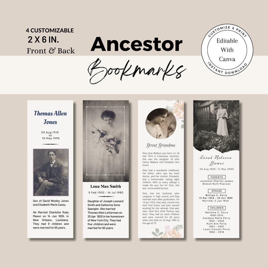Ancestor Bookmark / Family History Book /family Reunion Keepsake ...