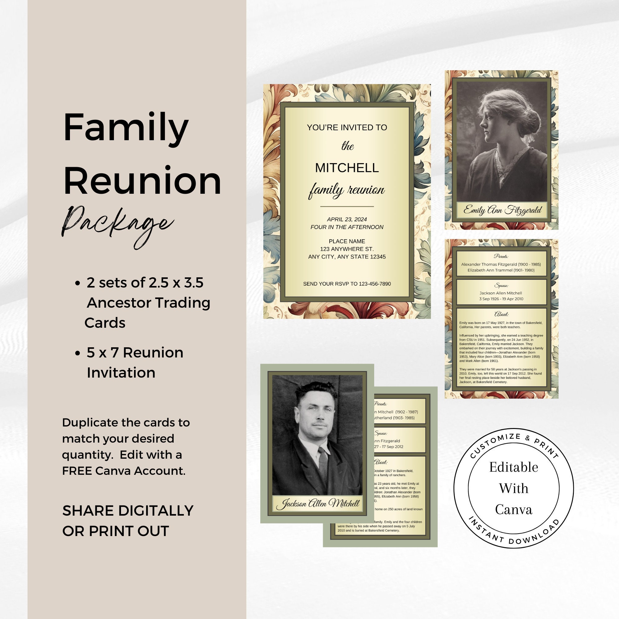 Family Reunion Invitation and Ancestor Trading Card Bundle / Family ...