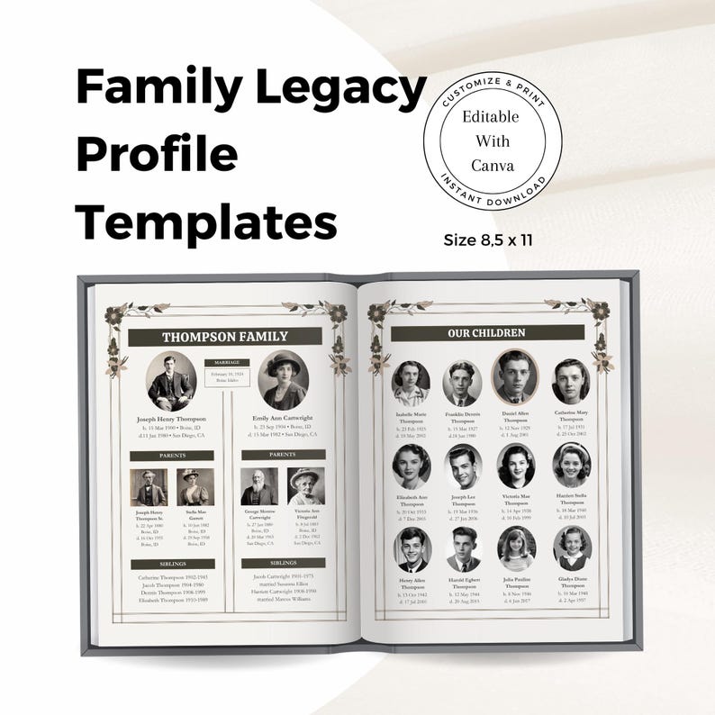 Family Legacy Biography Canva Template Set | Family History Keepsake ...