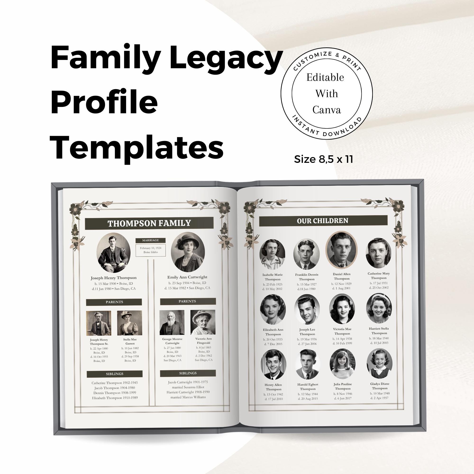 Family Legacy Biography Canva Template Set | Family History Keepsake ...