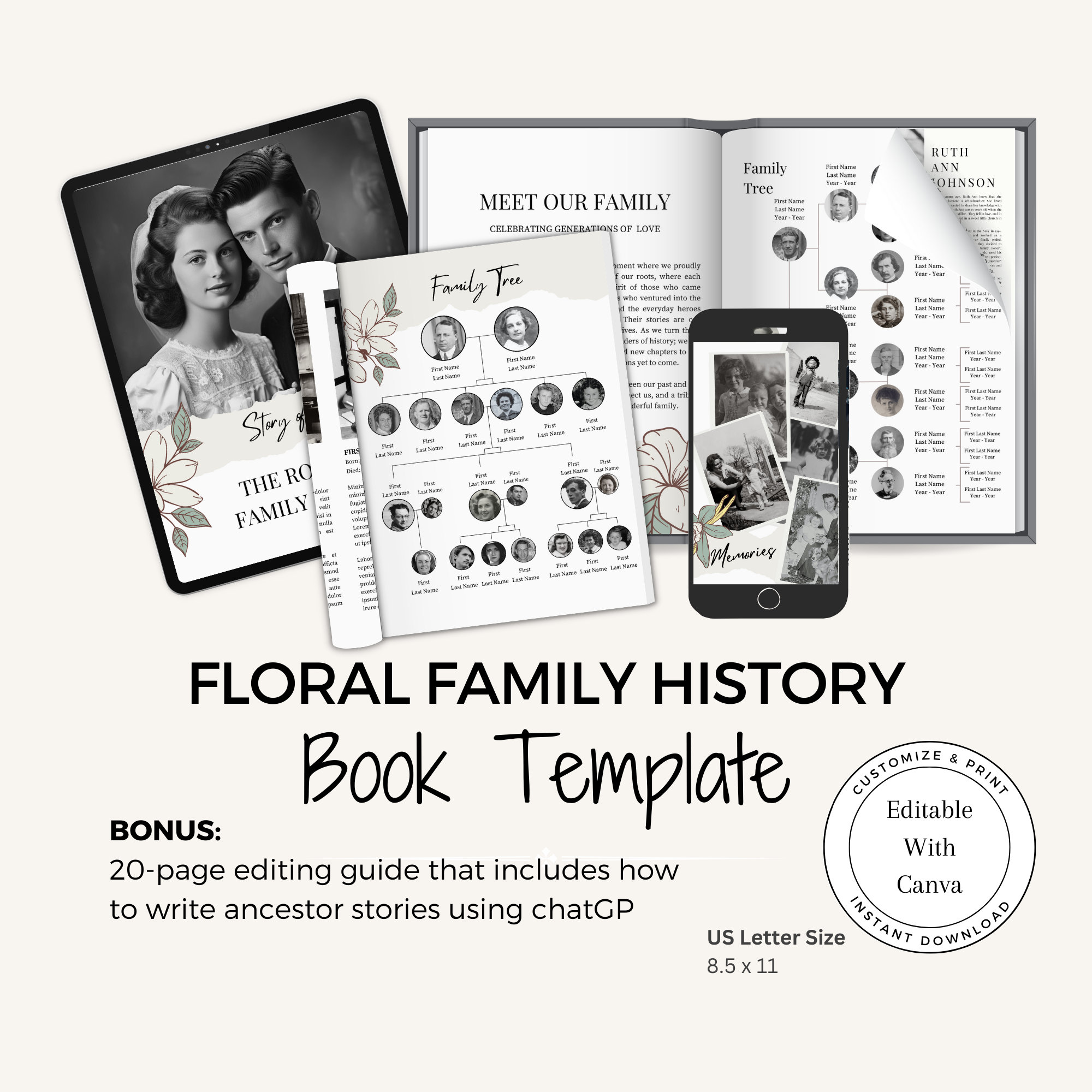 Floral Family History Book Template: 5-generation Genealogy (canva ...