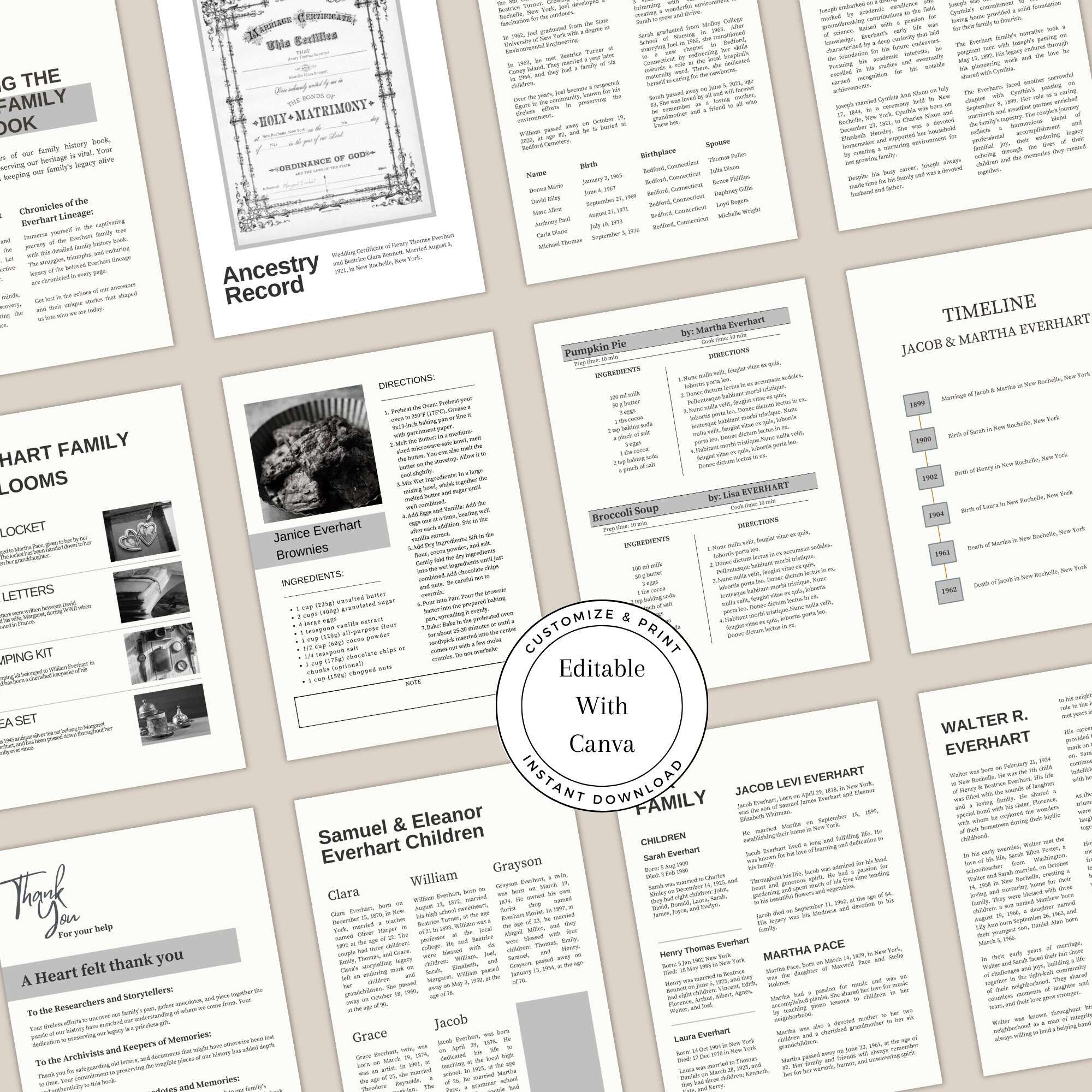 Ancestor Photo-free Family History Book Template / Canva Editable Book ...