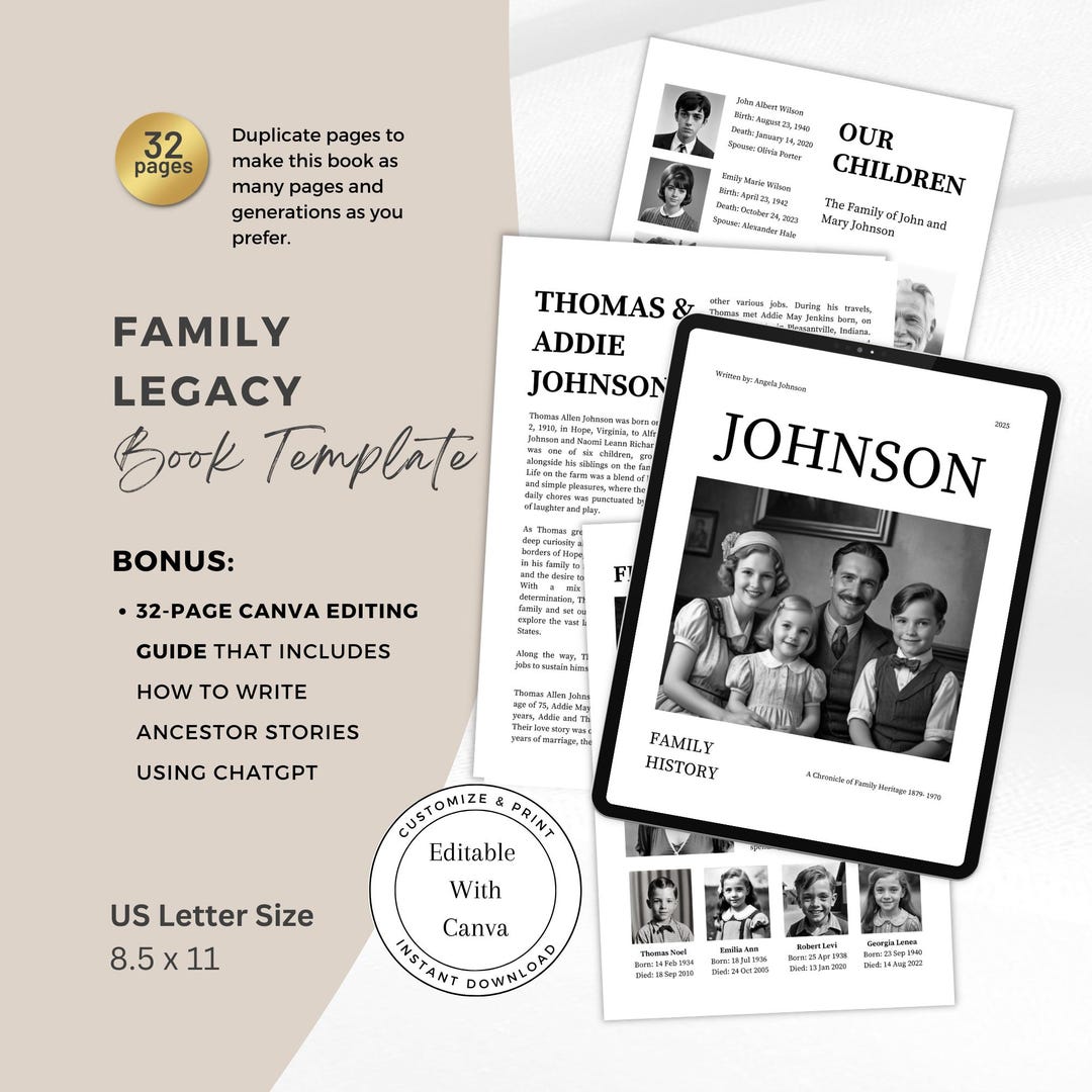 Family Legacy Book Template 32-page Simple Design Customizable Front ...