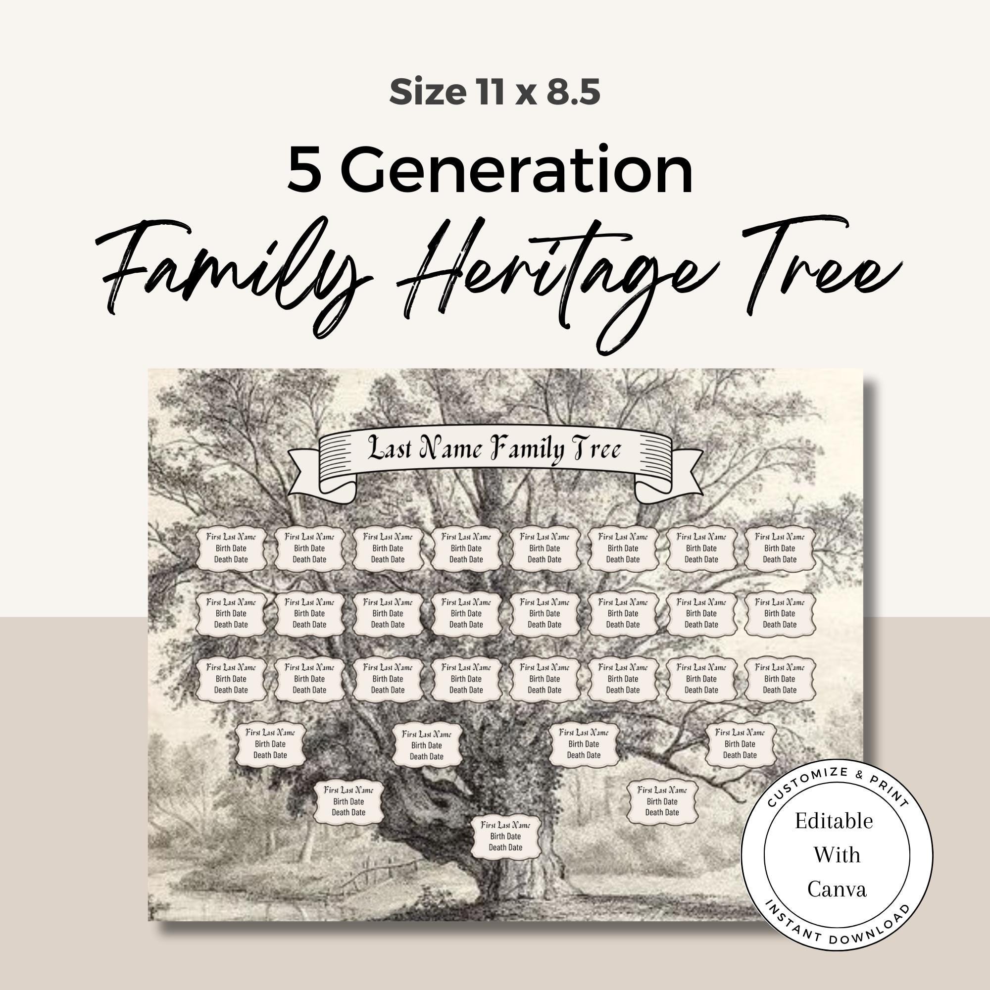 5-generation Family Tree Chart: Heritage Genealogy (canva Template) - Etsy