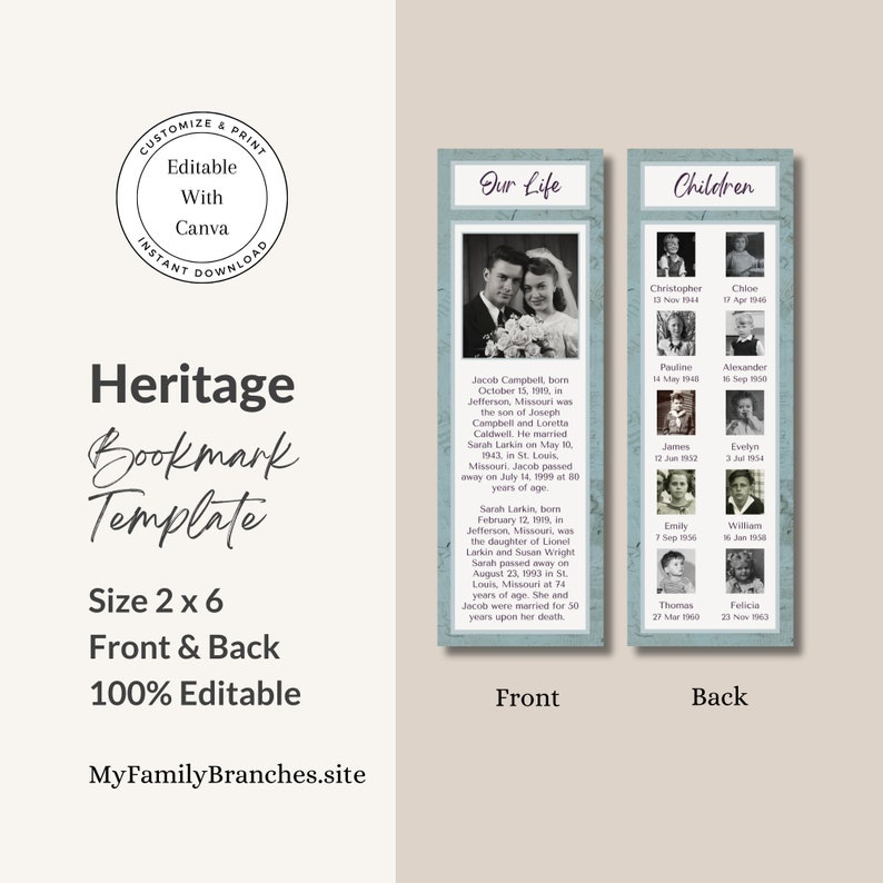 Heritage Bookmark Canva Template: Genealogy Keepsake (instant Download ...