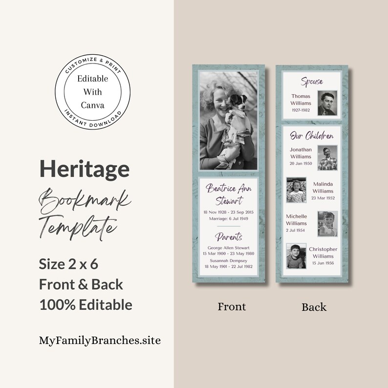 Heritage Bookmark Canva Customizable Template / Genealogy Gift /family ...