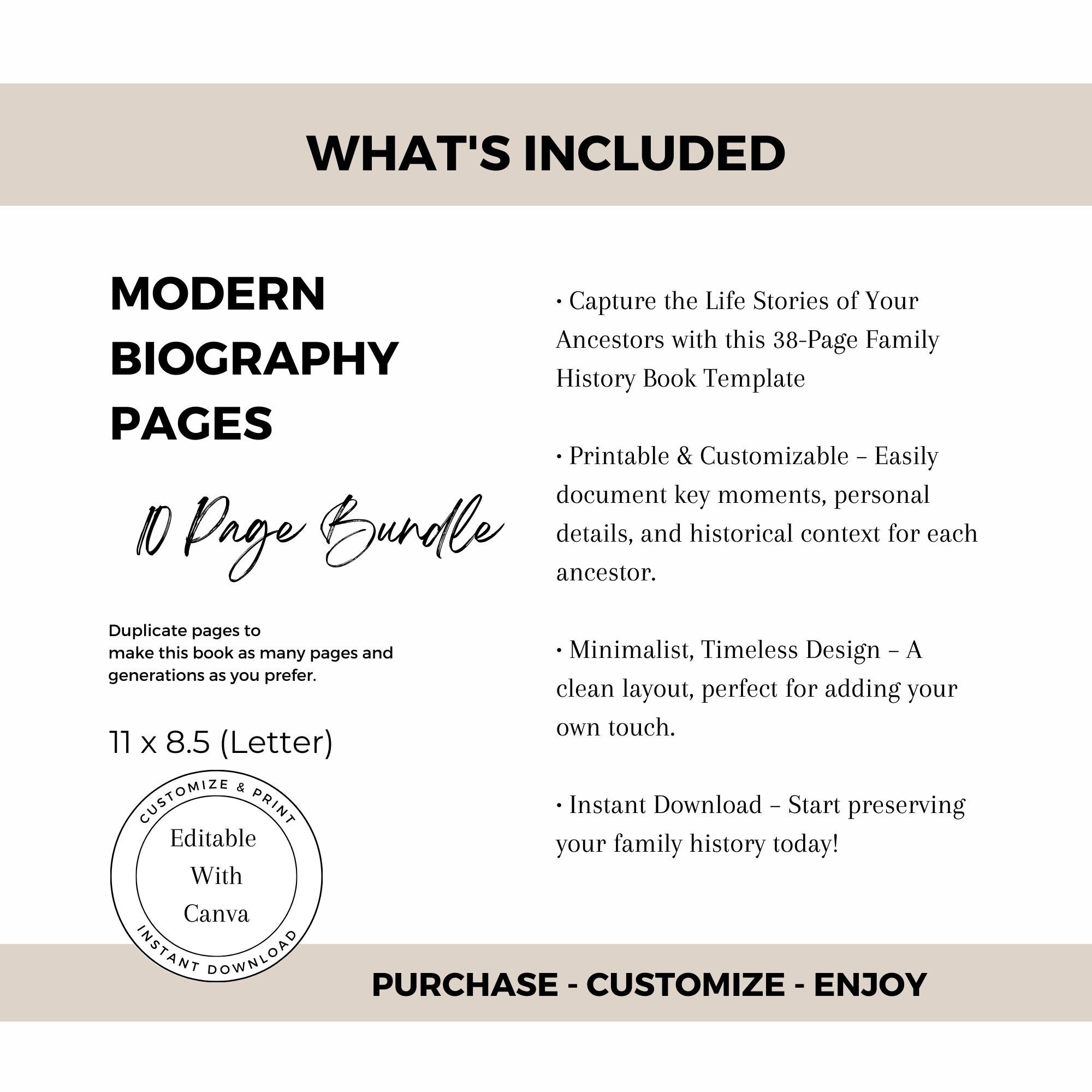 10-page Modern Biography Bundle | Family History Add-on Pages ...