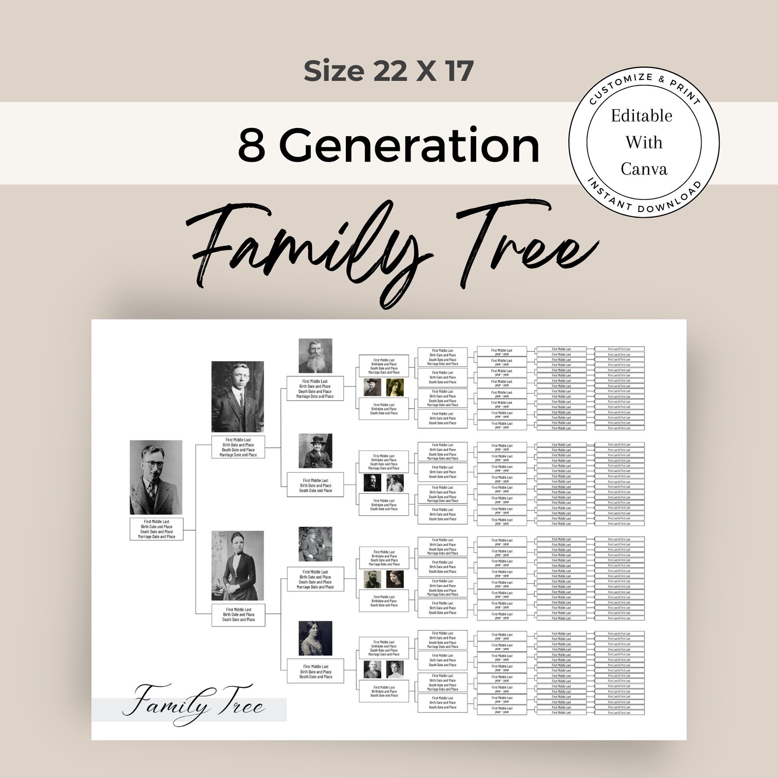 Customizable 8-generation Family Tree / Family History / Editable Canva ...